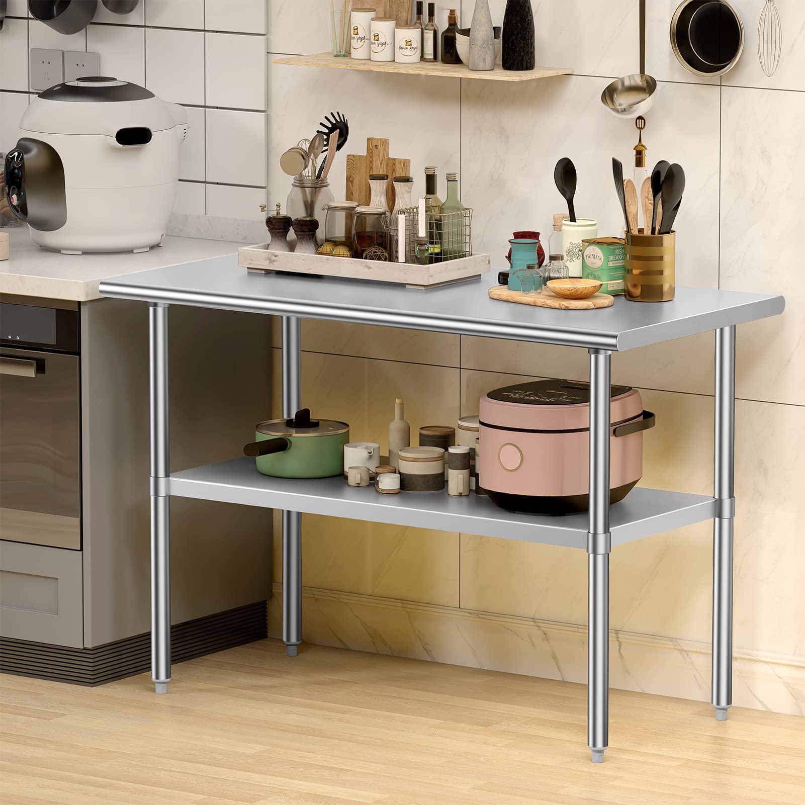 Atronor Stainless Steel Table for Prep & Work, NSF Metal Commercial Heavy Duty Table with Adjustable Under Shelf and Foot for Restaurant, Home and Hotel (24x48in)