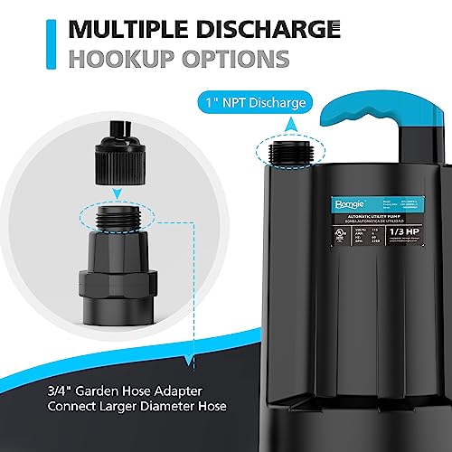 BOMGIE 1/3 HP Automatic Water Pump, 2250GPH Submersible Utility Pump with 3/4β Garden Hose Check Valve Adapter Portable Electric Sump Pump Removal for Pool Draining Basement Hot Tubs Garden UTL-336PE
