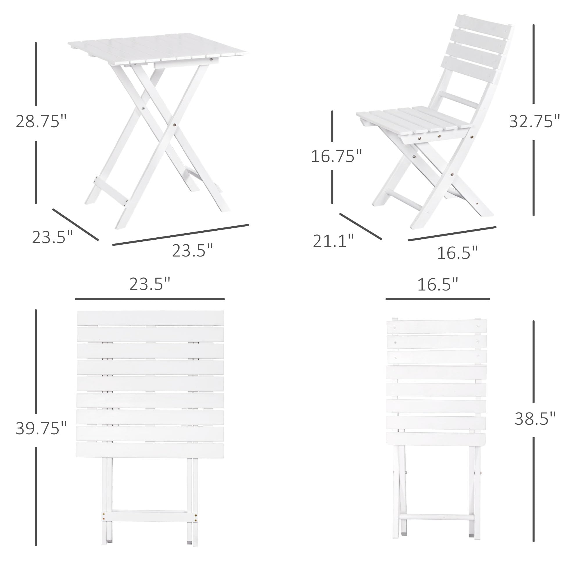 Outsunny 3 Piece Bistro Set, Wood Folding Outdoor Furniture with Table & Chairs for Backyard & Balcony, Square, White