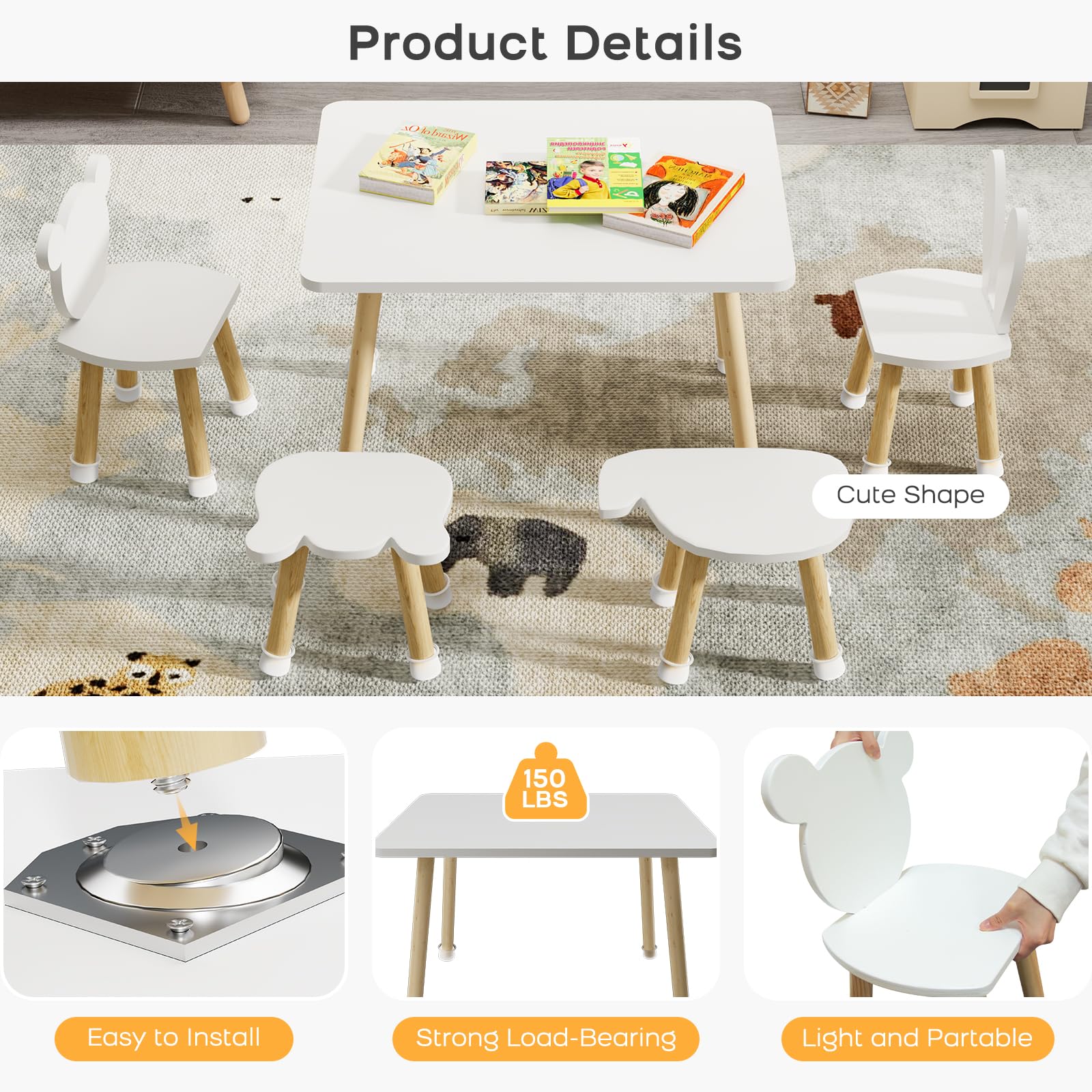 BanaSuper Table & Chair Set - Wooden Weaning Table with 4 Animal-Themed Chairs for Arts & Crafts, Snack Time, and Homework, Ideal for Learning & Development Furniture (White)