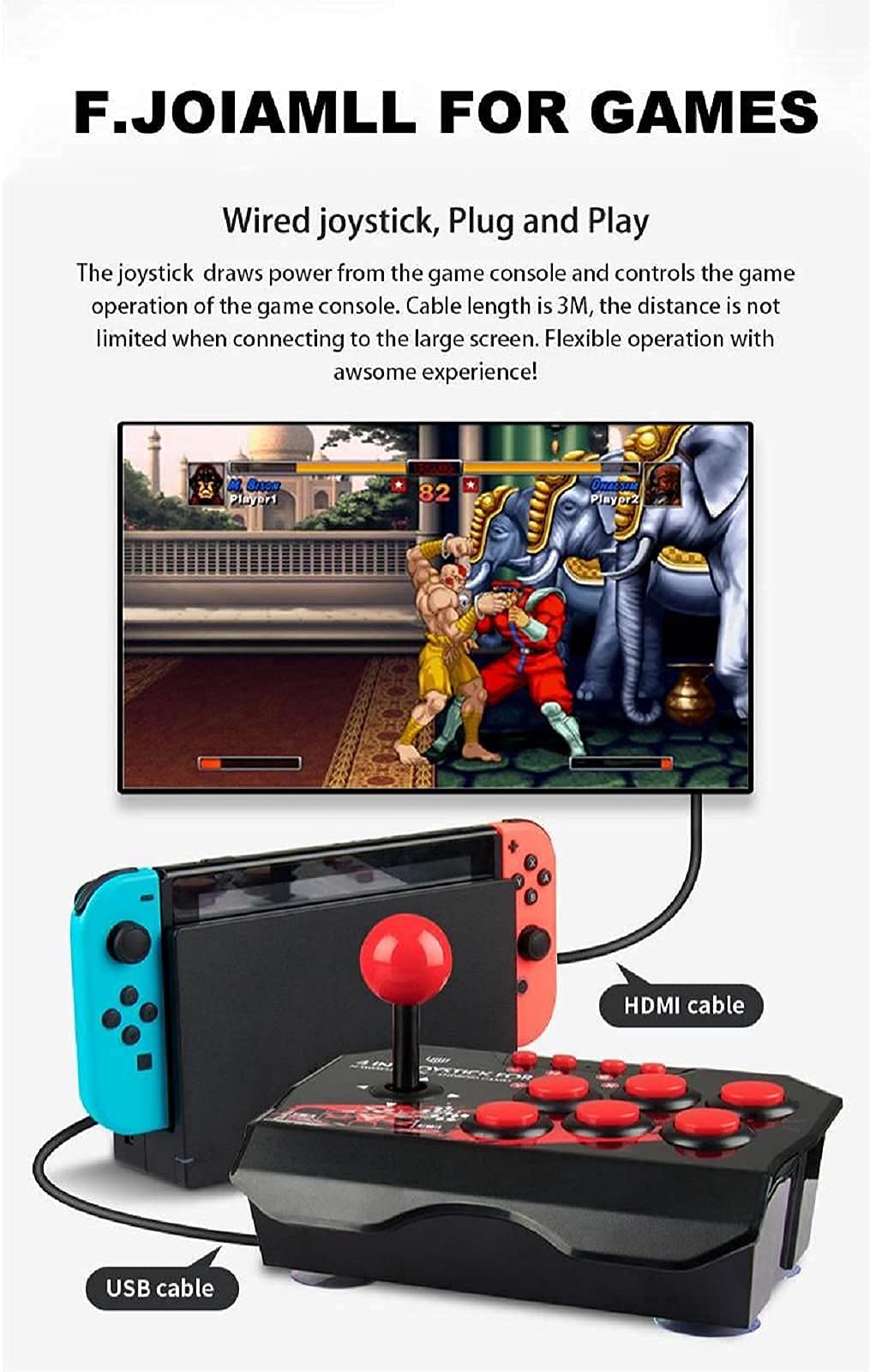 F.JOIAMLL Arcade Fight Stick Joystick for PS3, PC, Switch, N-Switch Pro,Android,support Turbo mode