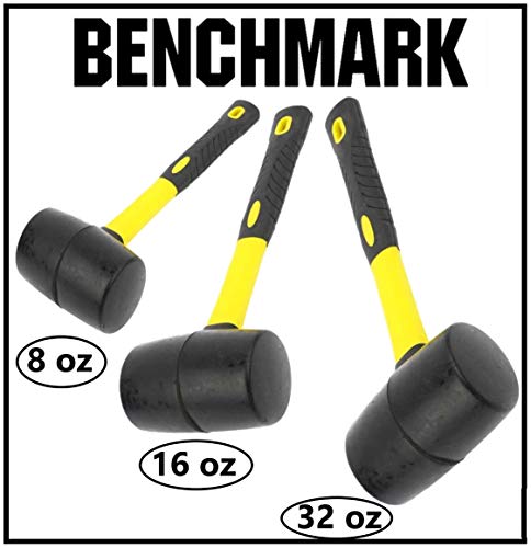 Benchmark - Rubber Mallet Set - 3 Sizes (8 oz, 16 oz, 32 oz) - Durable Low Recoil Rubber Mallet Heads with Sure Grip Fiberglass and Rubber Handles