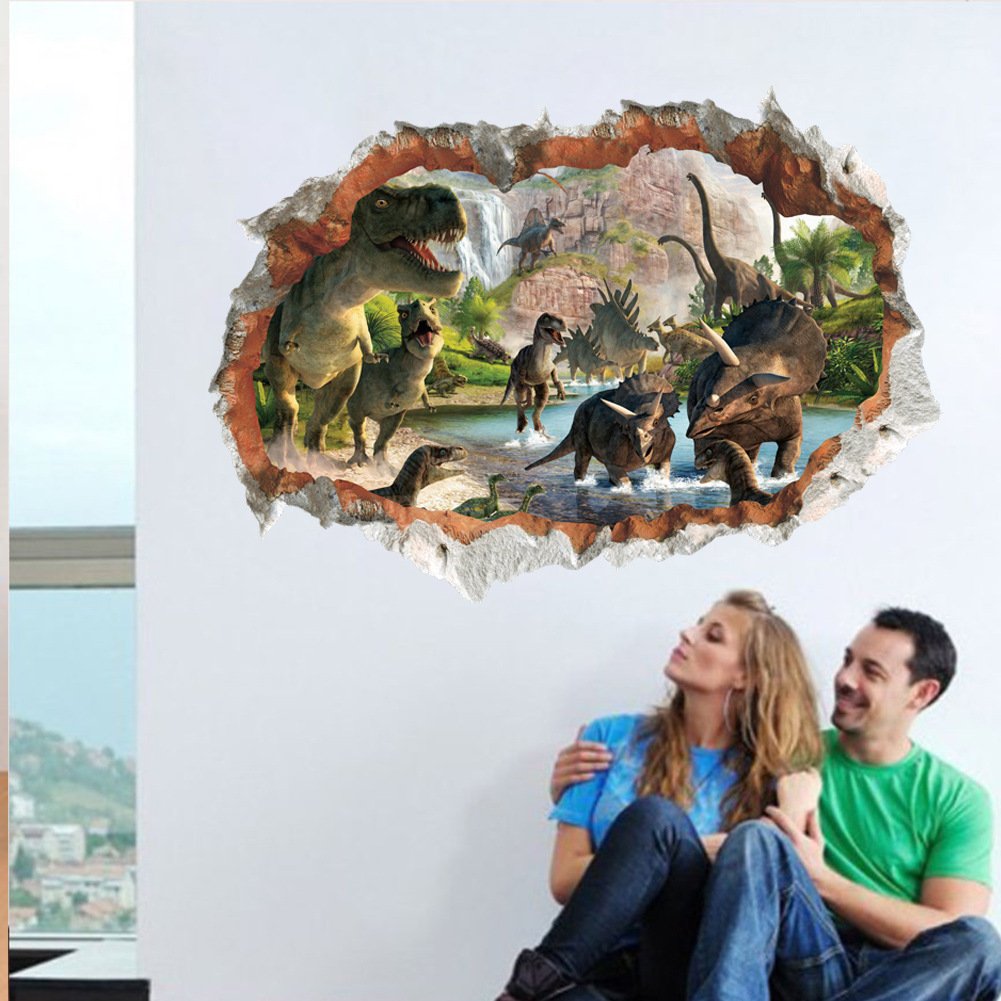 MLM 3D Dinosaurs Simulation Crack Hole Stickers Self-Adhesive Peel and Stick Wall Decal Mural Living Room Bedroom Kids' Room Nursery Decor Playroom Decor