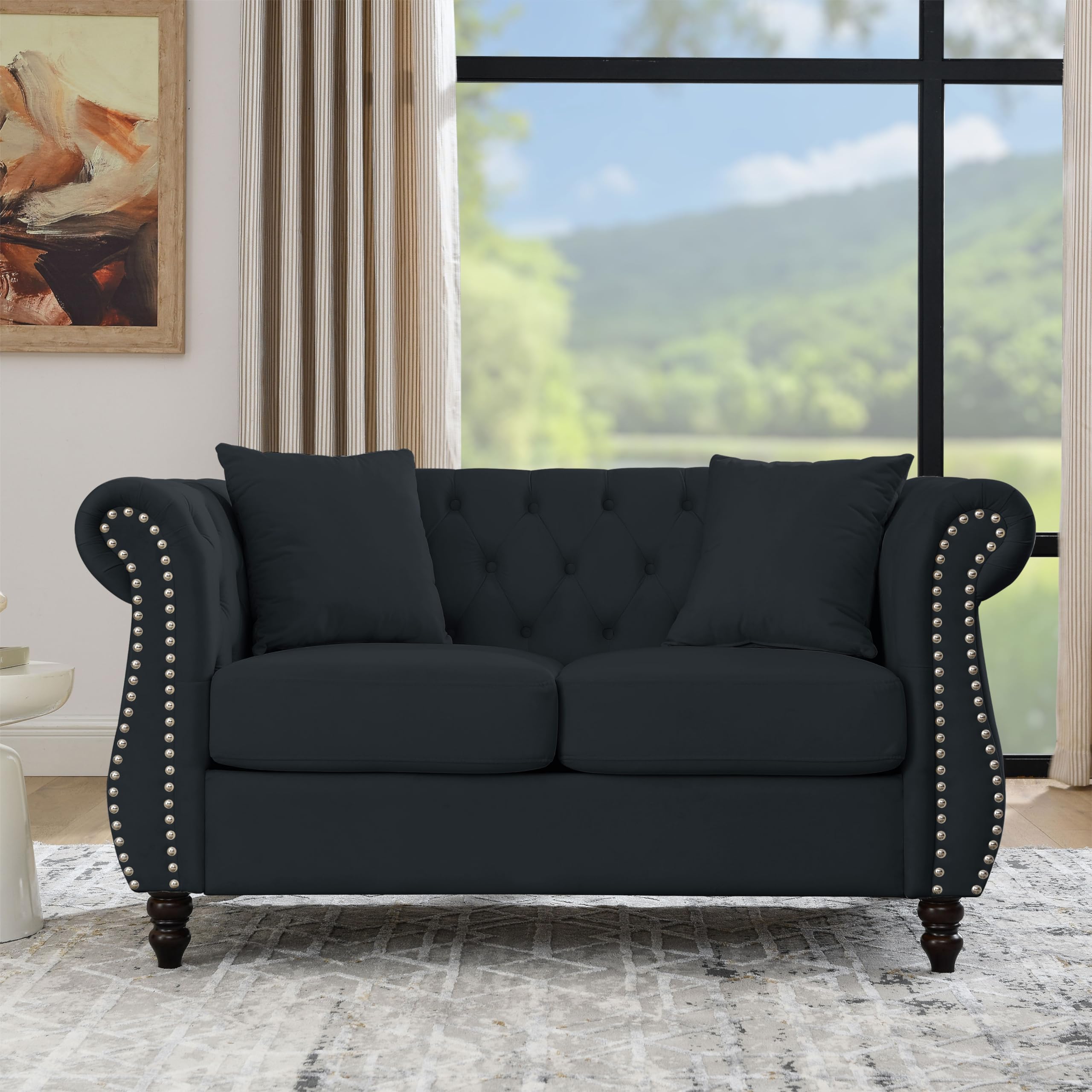 ATUMON 59" Chesterfield Loveseat Velvet Sofa for Living Room,2-Seater Sofa Tufted Couch with Two Pillows,Rolled Arms and Nailhead for Living Room, Bedroom, Office Black