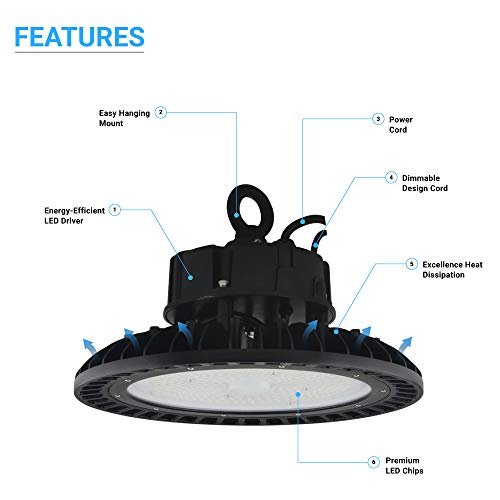 LEDMyplace LED High Bay Lights 100W 5700K Daylight White UFO High Bay Black LED Shop Lights for Garage Factory Workshop Warehouse Lighting 14500lm IP65 UL DLC Approved