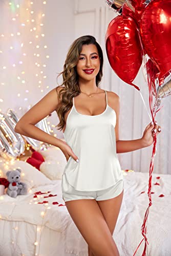 Ekouaer Womens Pajama Sets Lingerie Satin Sleepwear Cami Shorts Set 2 Piece Silk Pjs Nightwear Gift White