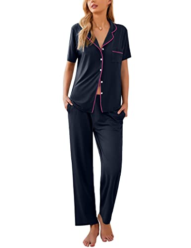 Ekouaer Womens 2-Piece Casual Button Down Nightwear Short Sleeve Pajama Set, Deep navy blue, Medium