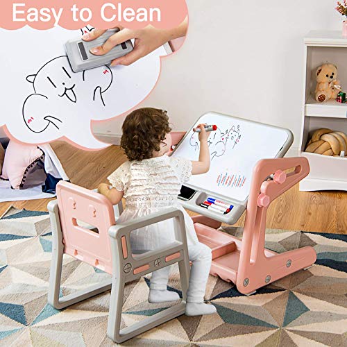 Costzon 2 in 1 Kids Table & Chair, Art Easel w/Adjustable Magnetic Painting Board, Storage Space, Art Supply Accessory, Children Convertible Activity Table Set for Drawing Reading Art Playroom (Pink)