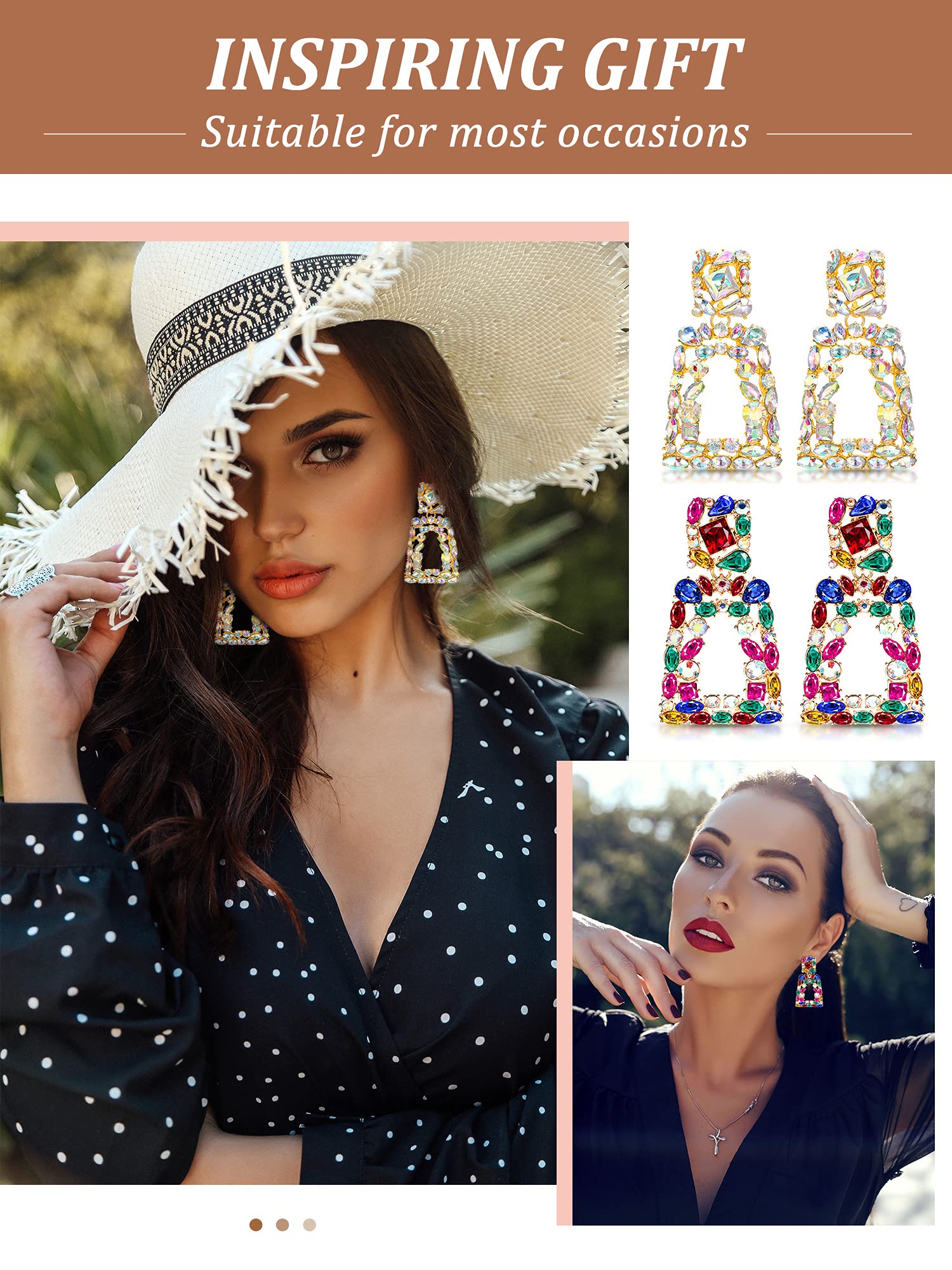 6 Pairs Rhinestone Rectangle Dangle Earrings Statement Geometric Drop Earrings Crystal Earrings Dangle Long Pearl Hoop Earrings for Women (Beautiful Style)