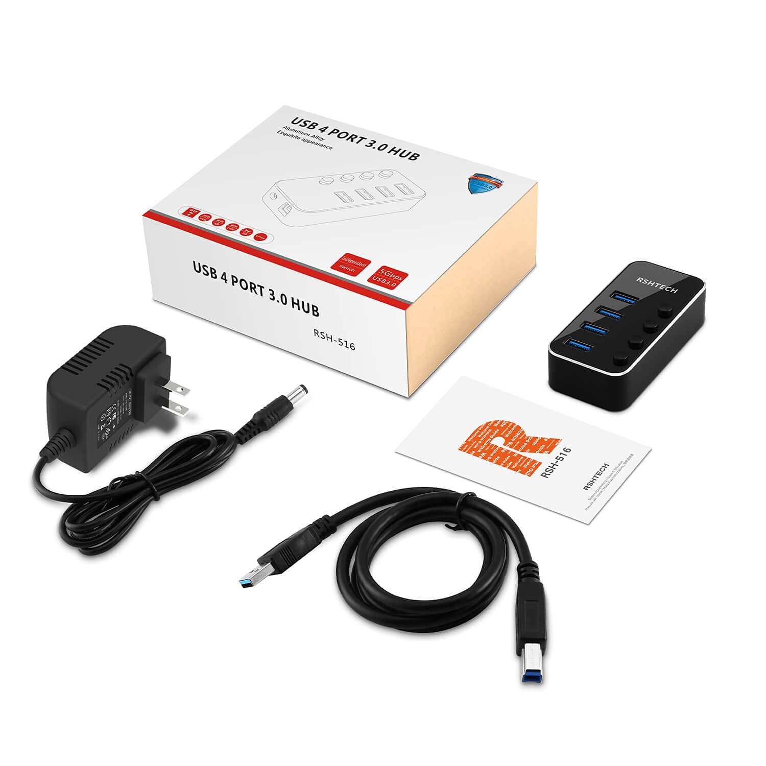 Powered USB Hub, RSHTECH 4 Port USB 3.0 Hub Splitter Portable Aluminum USB Data Hub Expander with Individual On/Off Switch and Universal 5V AC Adapter, 3.3ft USB 3.0 Cable (RSH-516)