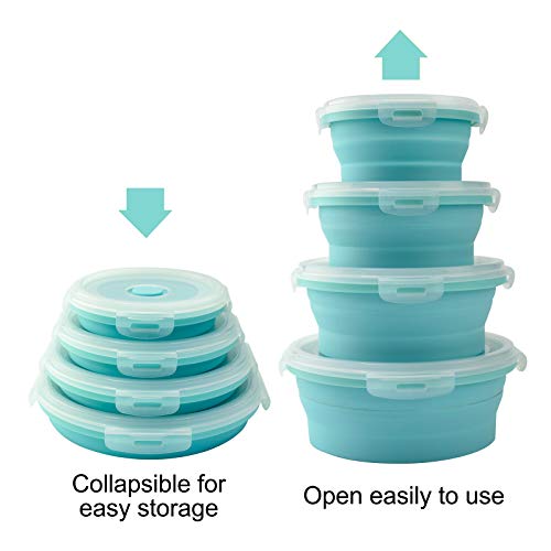 Cvwjz Silicone Collapsible Food Storage Containers,Set of 4 Round Folding Silicone Lunch Box,Microwave and Freezer Safe (Blue)
