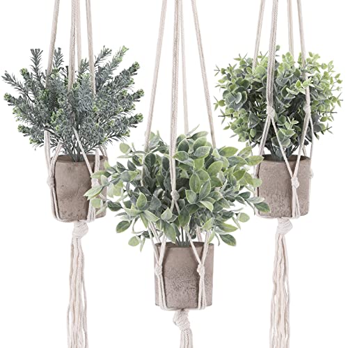 CEWOR Fake Hanging Plants 3 Pack Artificial Plants with 3 Macrame Plant Hangers Mini Potted Fake Plants Faux Plastic Eucalyptus Rosemary Plants for Home Office Bathroom Kitchen Farmhouse Room Decor