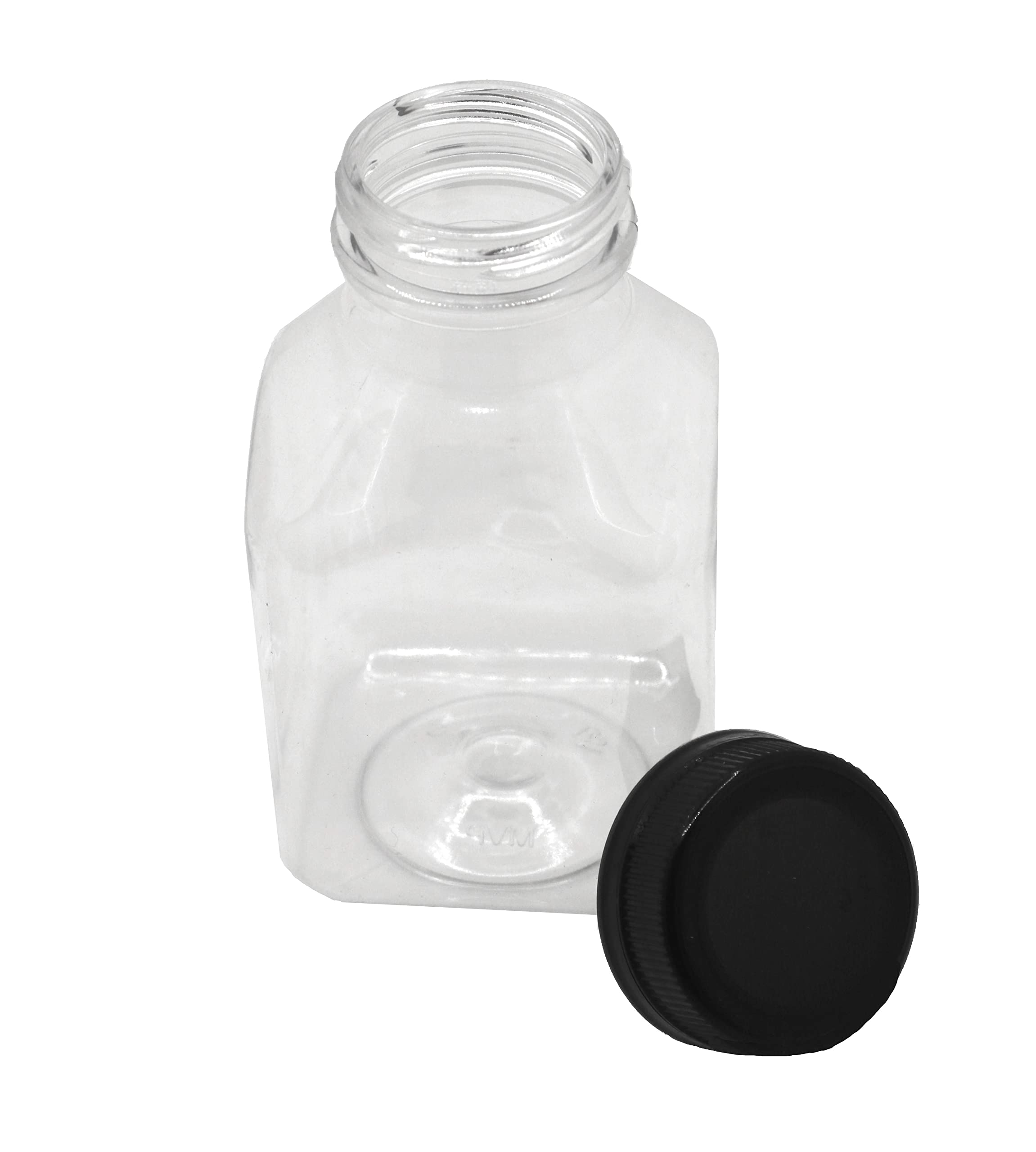 8 fl. oz. Square Juice Bottles w/ Tamper-Evident Caps (black) | 6 Pack | Reusable Clear Plastic Bottles for Juicing, Smoothies, Milk, Water, and other Beverages. Fruit Stickers included for labelling.