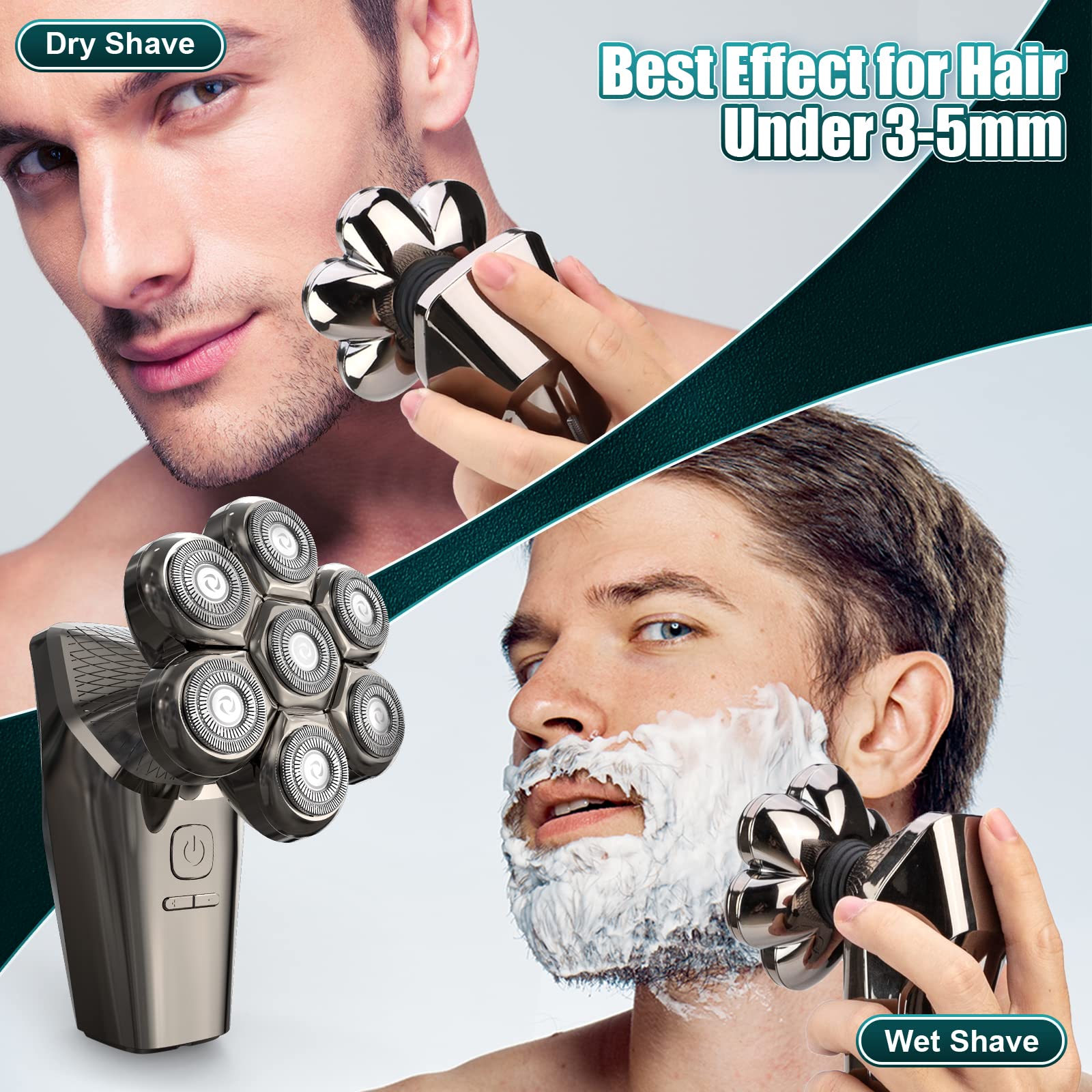 7D Magnetic Head Shaver for Men, TURN RAISE 6 in 1 Waterproof with LCD Display Bald Head Shavers for Men, 3 Modes Wet Dry Electric Razor for Men, USB Rechargeable Electric Shavers for Men Bald Head