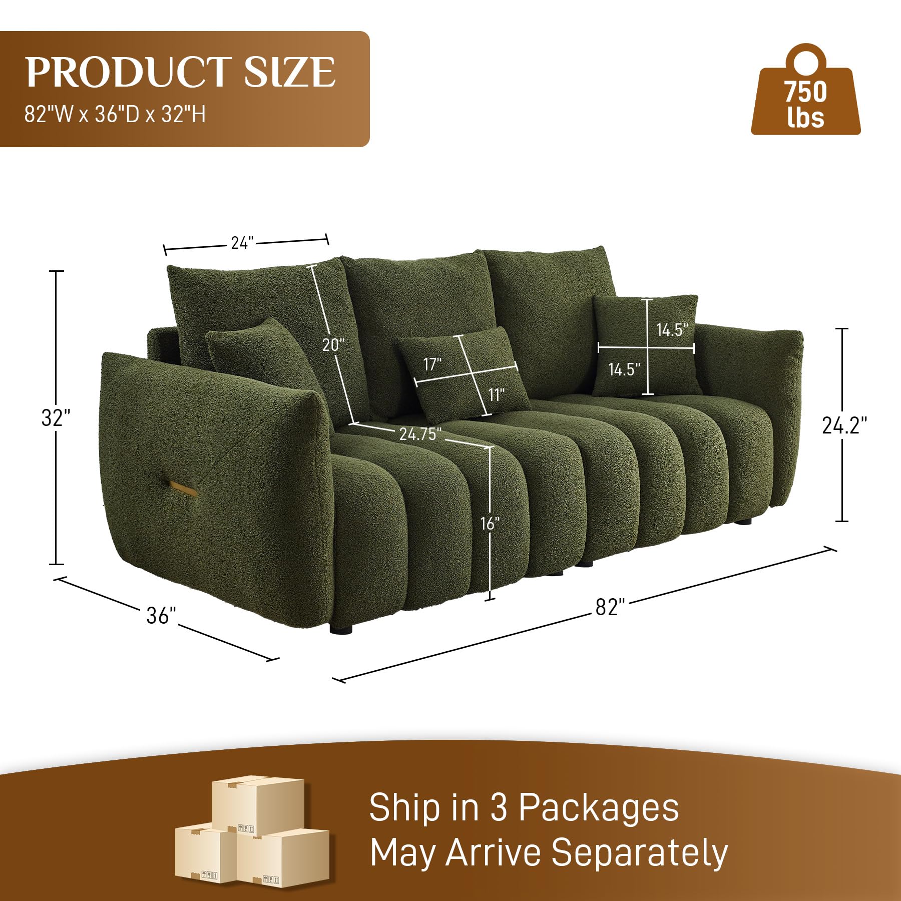 Wrofly 82" Teddy Cloud Sofa Couch, Comfy Upholstered Sherpa Deep Seat Boucle Sofa, Cozy Modern 3 Seater Couch with 3 Pillows, Oversized Loveseat for Living Room Apartment Office, Olive Green
