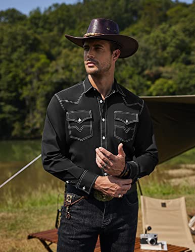 COOFANDY Mens Shirt Western Dress Long Sleeve Casual Cotton Button Down Denim Work, 01-Black, Large, Long Sleeve