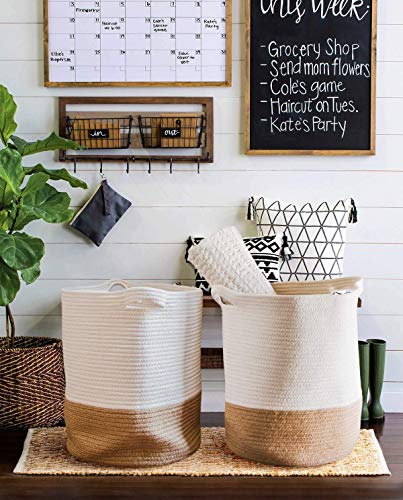 Large Woven Storage Baskets (Set of 2) Decorative Blanket Basket for Living Room, Toys, Pillows, Nursery or Towels. Laundry Hamper. Baskets for Organizing. Cotton Rope Baskets