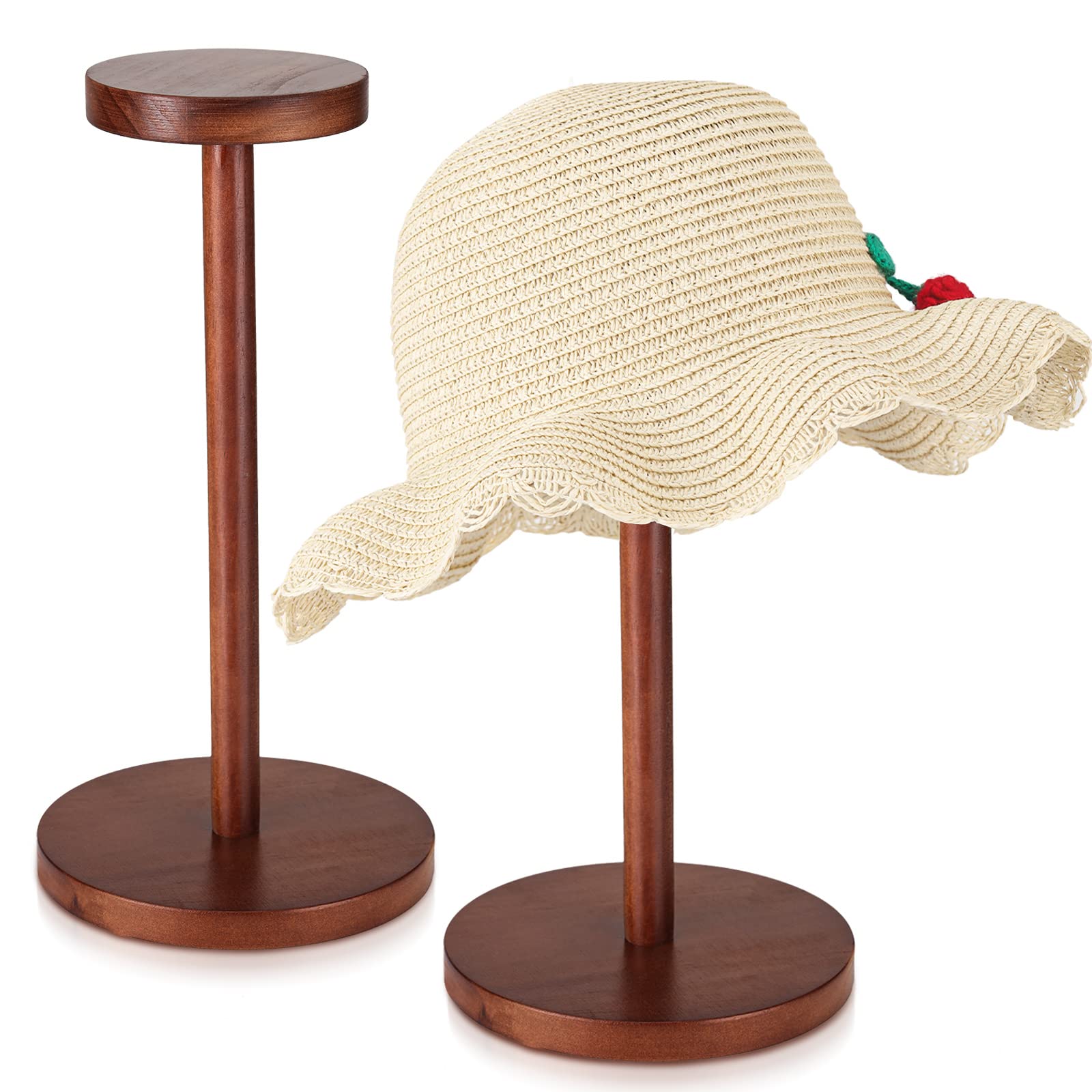 Chunful 2 Pieces Brown Hat Display Stand Hat Rack Stand Rustic Wood Hat Holder Stand Vintage Wig Holder Display Jewelry Display Riser Helmet Organizer Storage for Home