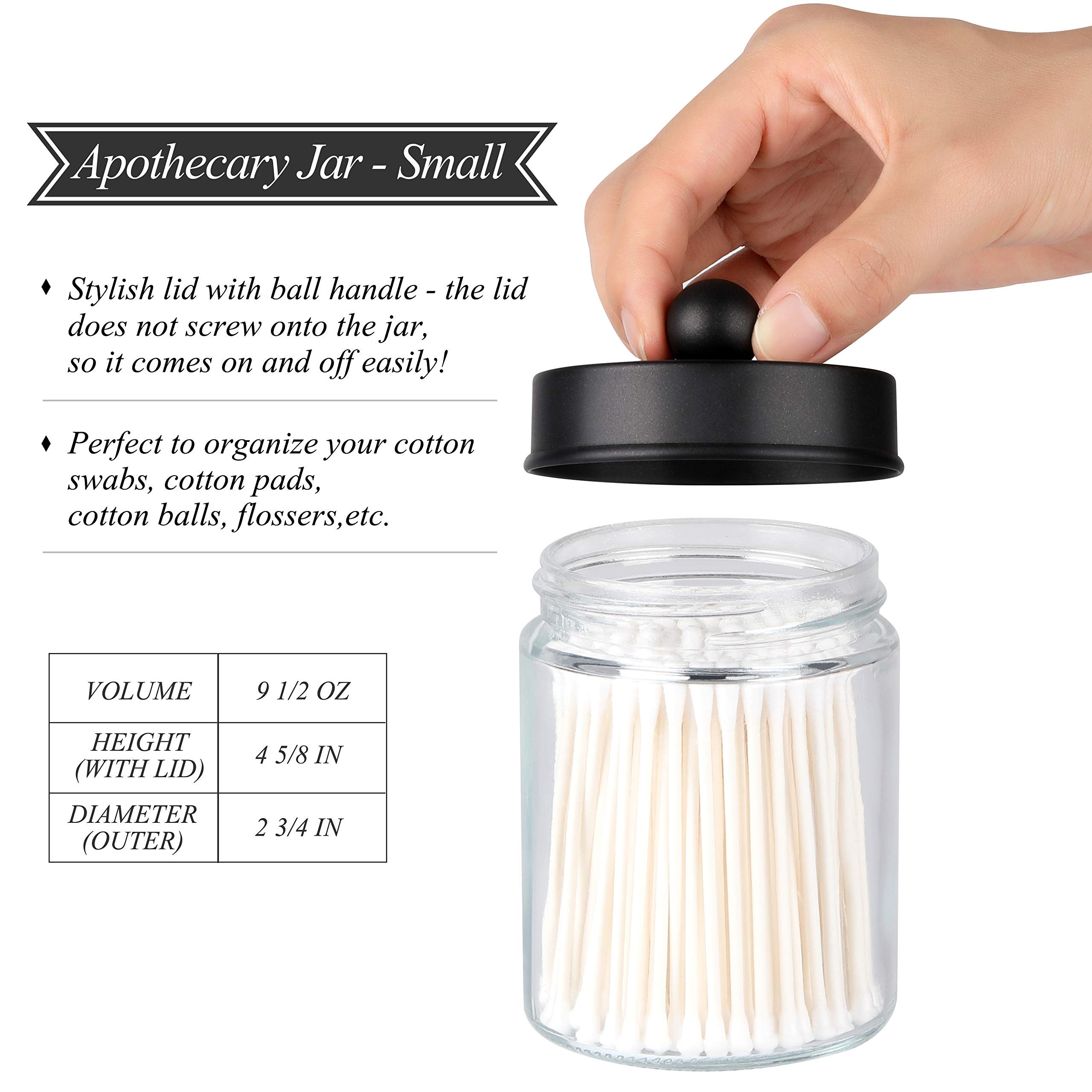 Apothecary Jars 3 Pack - Glass Bathroom Containers with Stainless Steel Lids - Rustic Farmhouse Decor Bathroom Accessories, Vanity Organizer Apothecary Jars for Qtip/Cotton Balls (Matte Black)