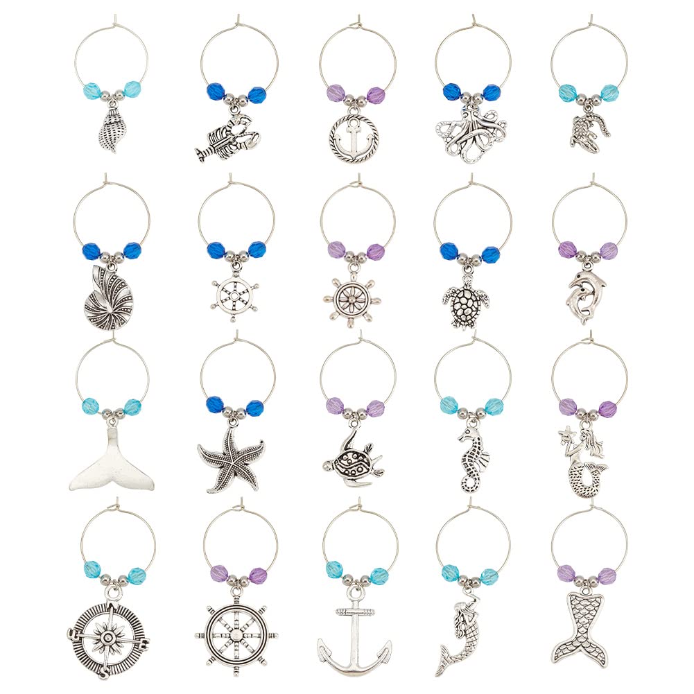BENECREAT 20Sets Beach Theme Wine Glass Charm, Nautical Mermaid Boat Rudder Starfish Turtles Conch Alloy Drink Markers Tags Identification for Stem Glass Wine Tasting Party
