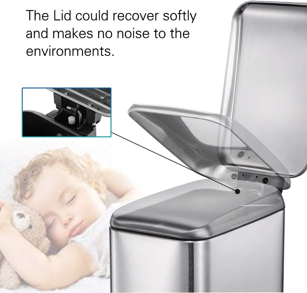 CLTEC 5L/1.3Gal Stainless Steel Trash Can with Lid Soft Close, Removable Inner Waste Basket, Slim Small Garbage Can, Rectangular Step Trash Bin for Bathroom Bedroom Office, Anti-Fingerprint, Silver