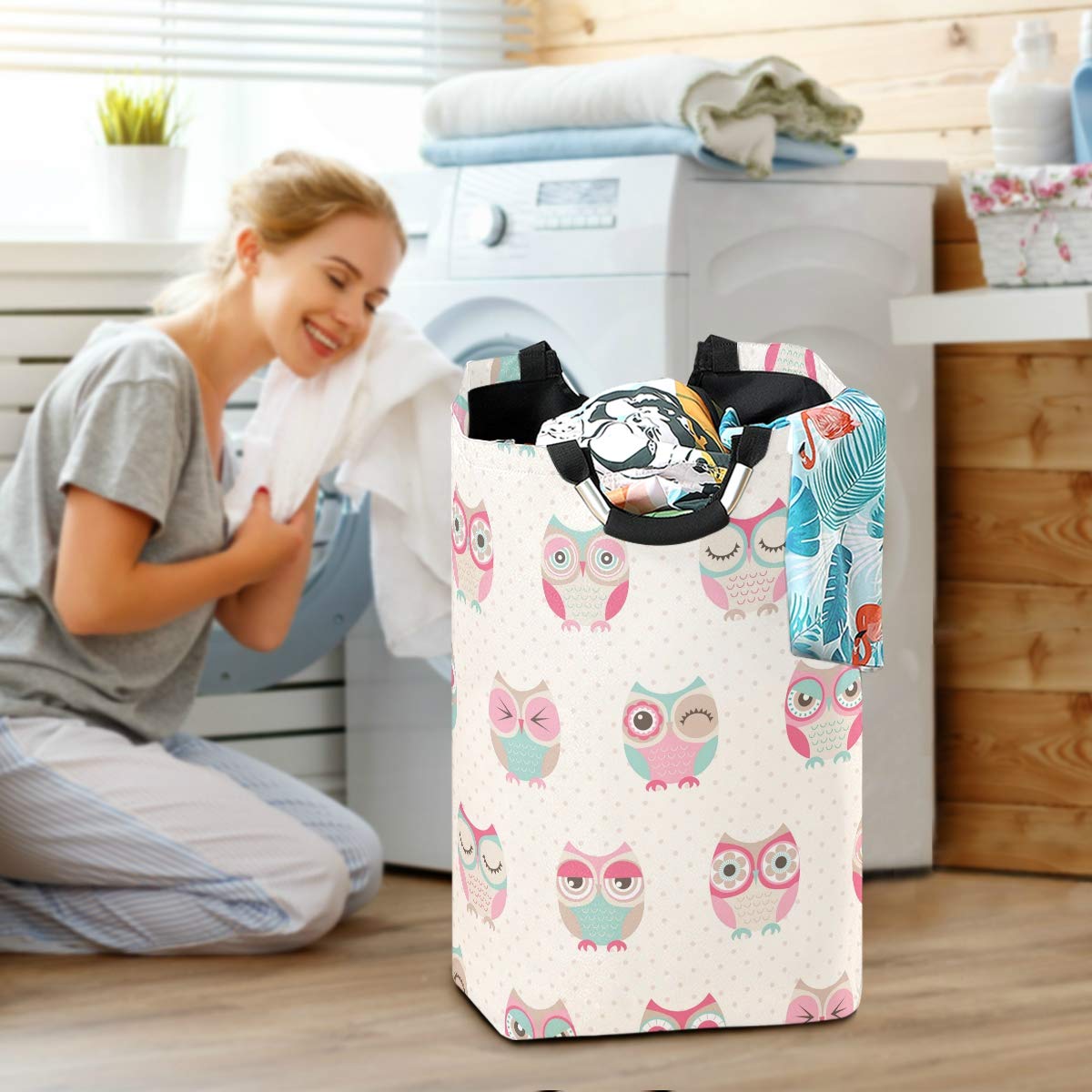 AGONA Funny Cute Owls Birds Laundry Basket with Handles Large Storage Bin Collapsible Fabric Laundry Hamper Foldable Laundry Bag for Kids Room Toy Bins Gift Baskets Bedroom Baby Nursery