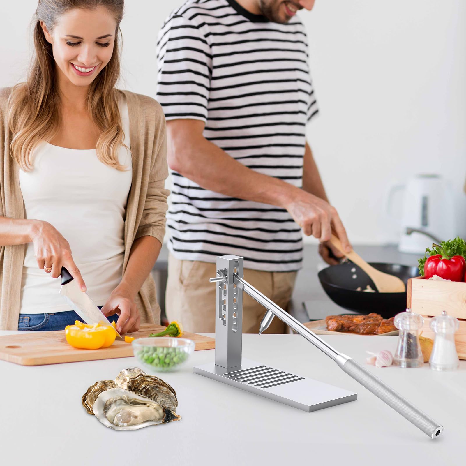 Buttwo Oyster Shucker, Stainless Steel Oyster Opener Tool Set Clam Machine with Oyster Shucking Knife Seafood Tools for Hotel and Family Buffet, Silver