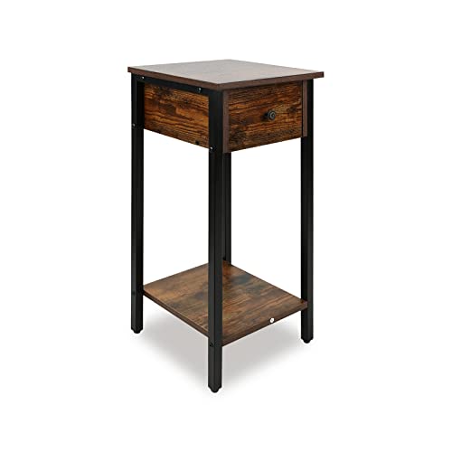 ECOMEX 2-Tier Nightstand Side Table with Wooden Drawer and Open Wooden Shelf Solid Metal Legs Rustic Brown Industrial Wooden Bed Side Table for Bedroom Living Room Small Space, Tall