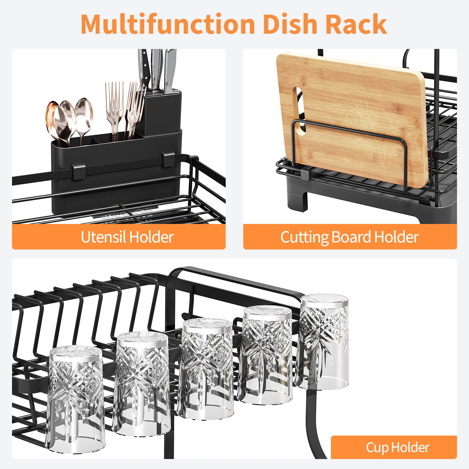 Urackify Extendable Dish Drying Rack, 2-Tier Dish Rack for Kitchen Counter, Large Expandable Dish Drainer Over Sink, 3 in 1 Multifunction Dish Strainer with Drainboard & Cups Holder, Black