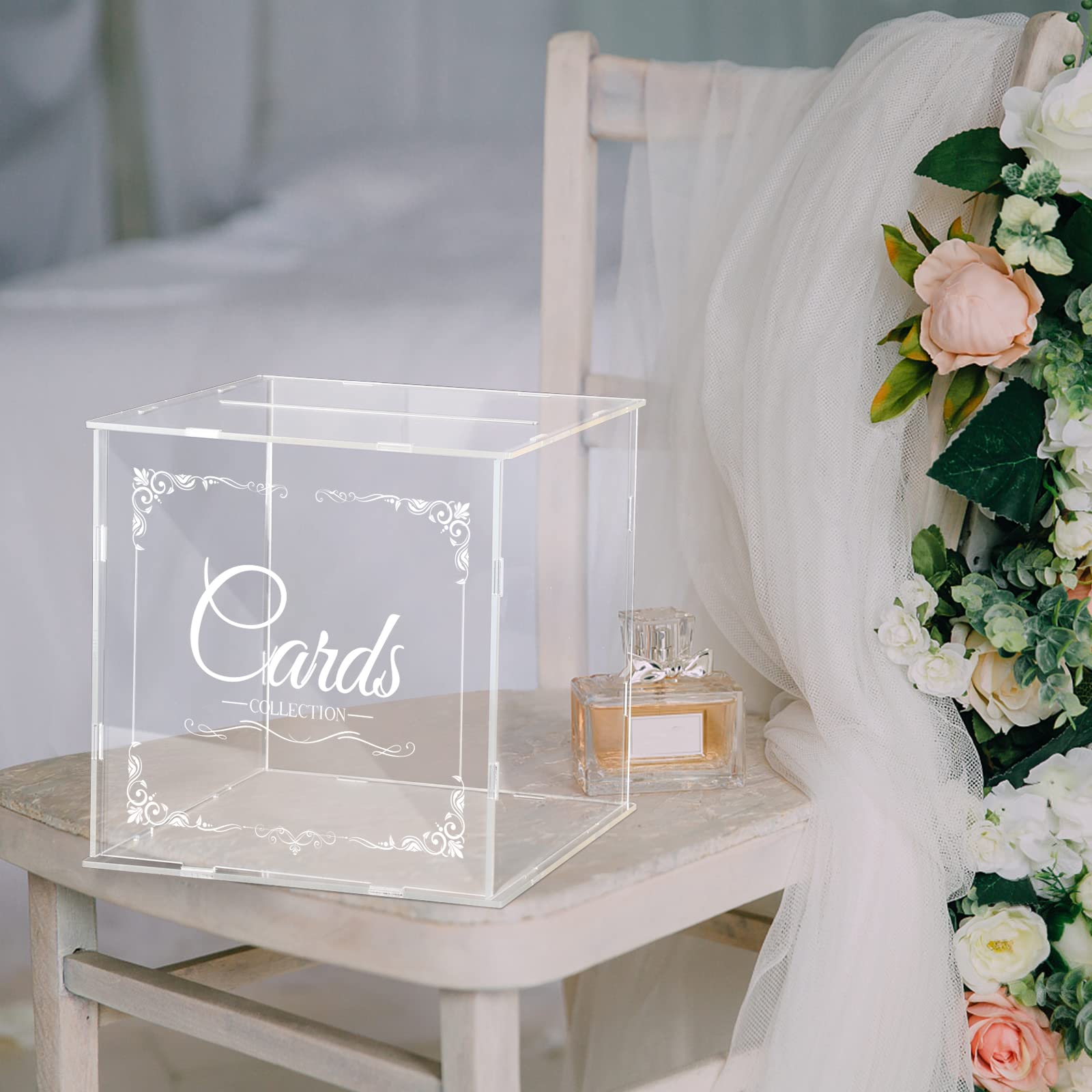 Clear Acrylic Wedding Card Box Large DIY Card Boxes with 4 "Card" Text Stickers Gift Card Box Money Box Holder for Wedding Reception Anniversary Birthday Party Baby Shower Graduation Decorations
