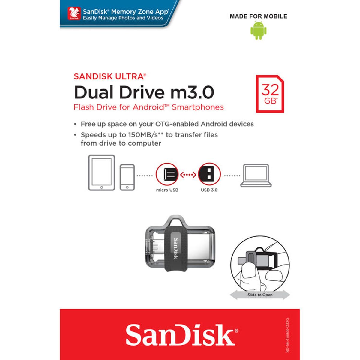 SanDisk 32GB Ultra Dual USB 3.0 and Micro USB Flash Drive, Up to 150MB/s Read Speed