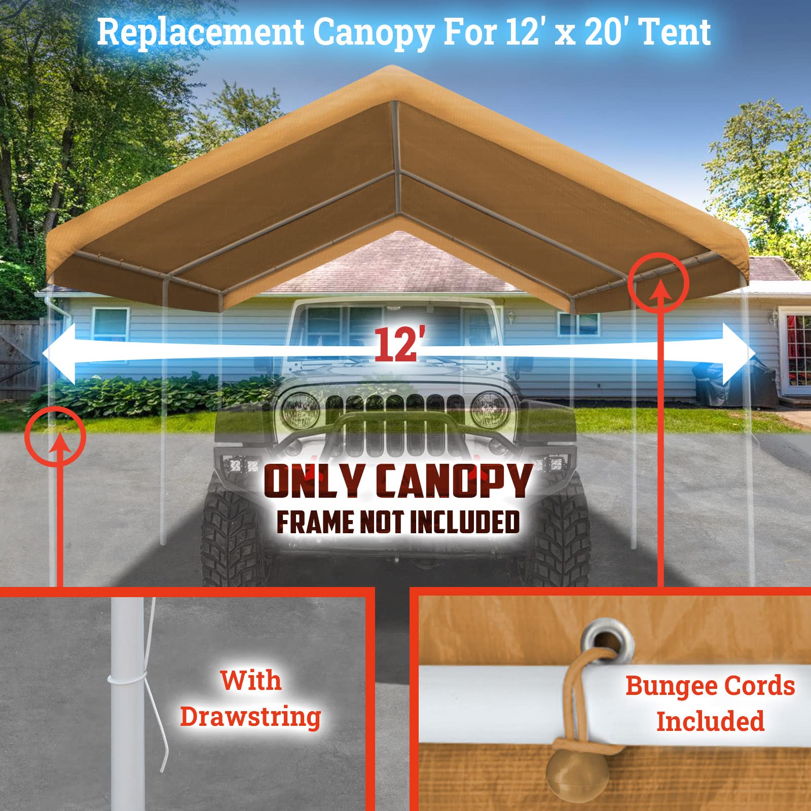 BenefitUSA 12'x20' Upgraded Carport Canopy Tent Garage Replacement Car Shelter Cover with Bungees,Frame is not Included (Tan)