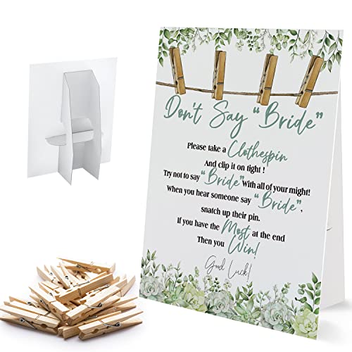 Don't Say Bride Sign,Bride Shower Clothespin Game,Includes a 8x11 Standing Sign and 50 Mini Natural Clothespins - BIG005