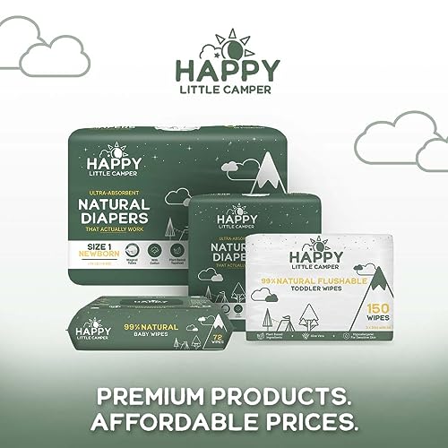 Happy Little Camper Natural Flushable Wipes - Hypoallergenic Wet Wipes with Aloe Vera, Chamomile and Pomegranate Extract - Unscented Baby Wipes Safe for Sensitive Skin - 150 Count
