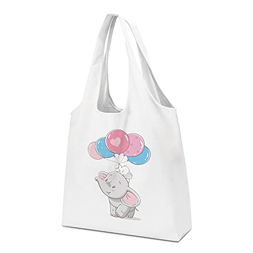 CGBE Canvas Tote Bags, Reusable Grocery Bags with Inner Pockets, Cute Tote Bag Cloth Aesthetic Shopping Bags for Women Large Capacity Machine Washable (Elephant)