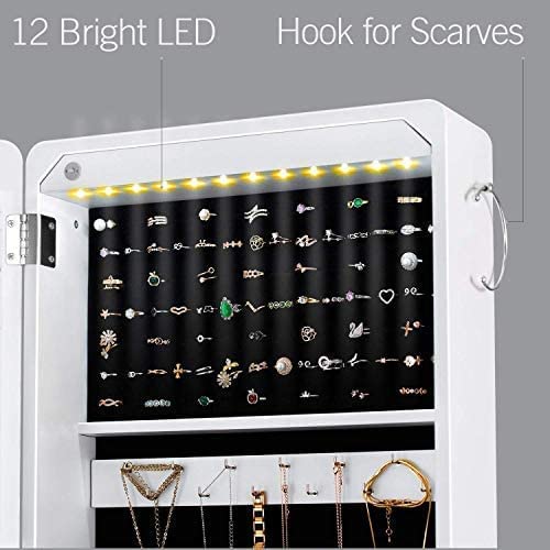 DECOMIL – Jewelry Armoire with Mirror | Jewelry Cabinet Standing, LED Lights and Full lengt Mirror | White
