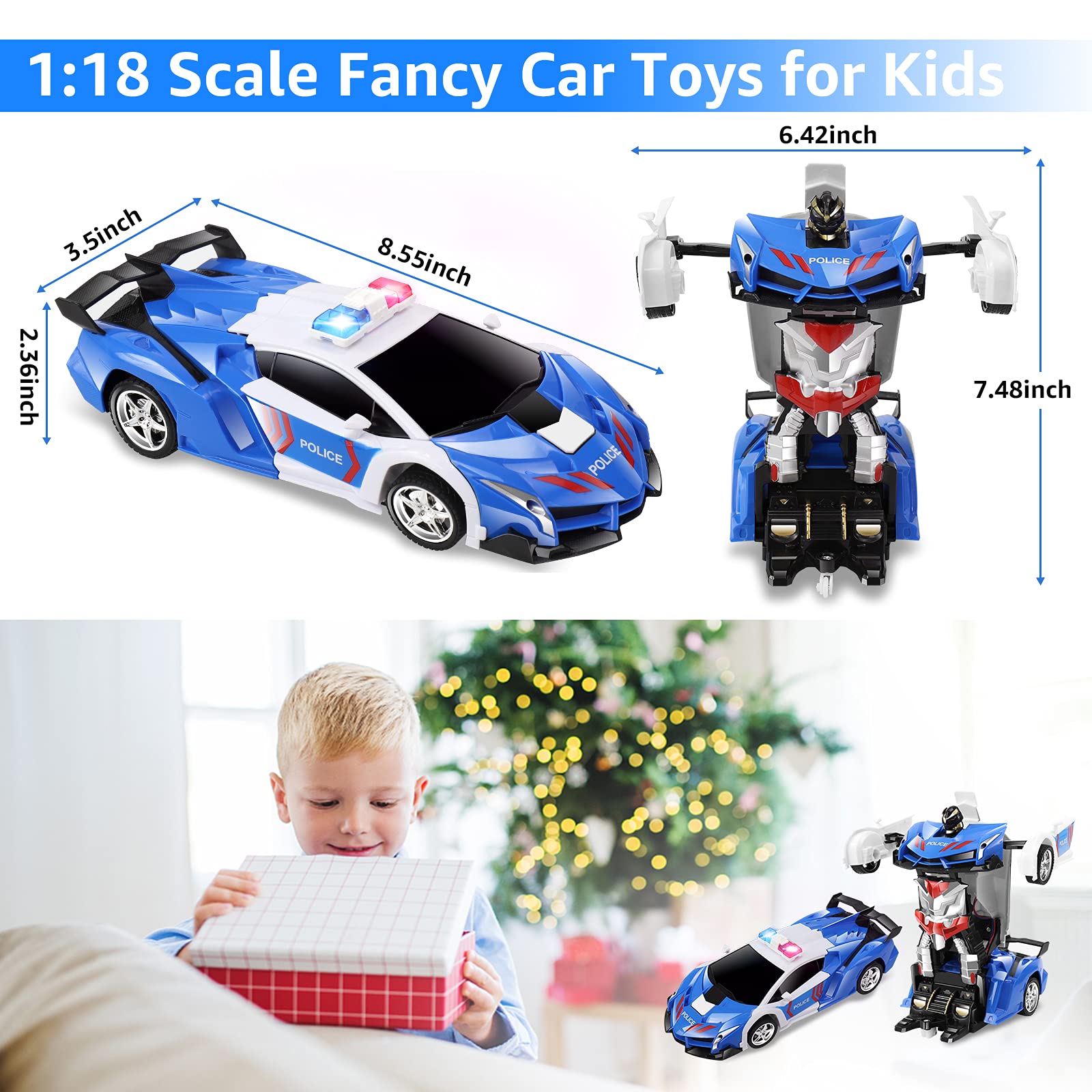FAFUGANIA Remote Control Car, Transform Robot RC Car with One Button Deformation, 2.4Ghz 360 Degree Rotating Drifting Police Toy Cars, 1:18 Transforming Robot Boys Toys