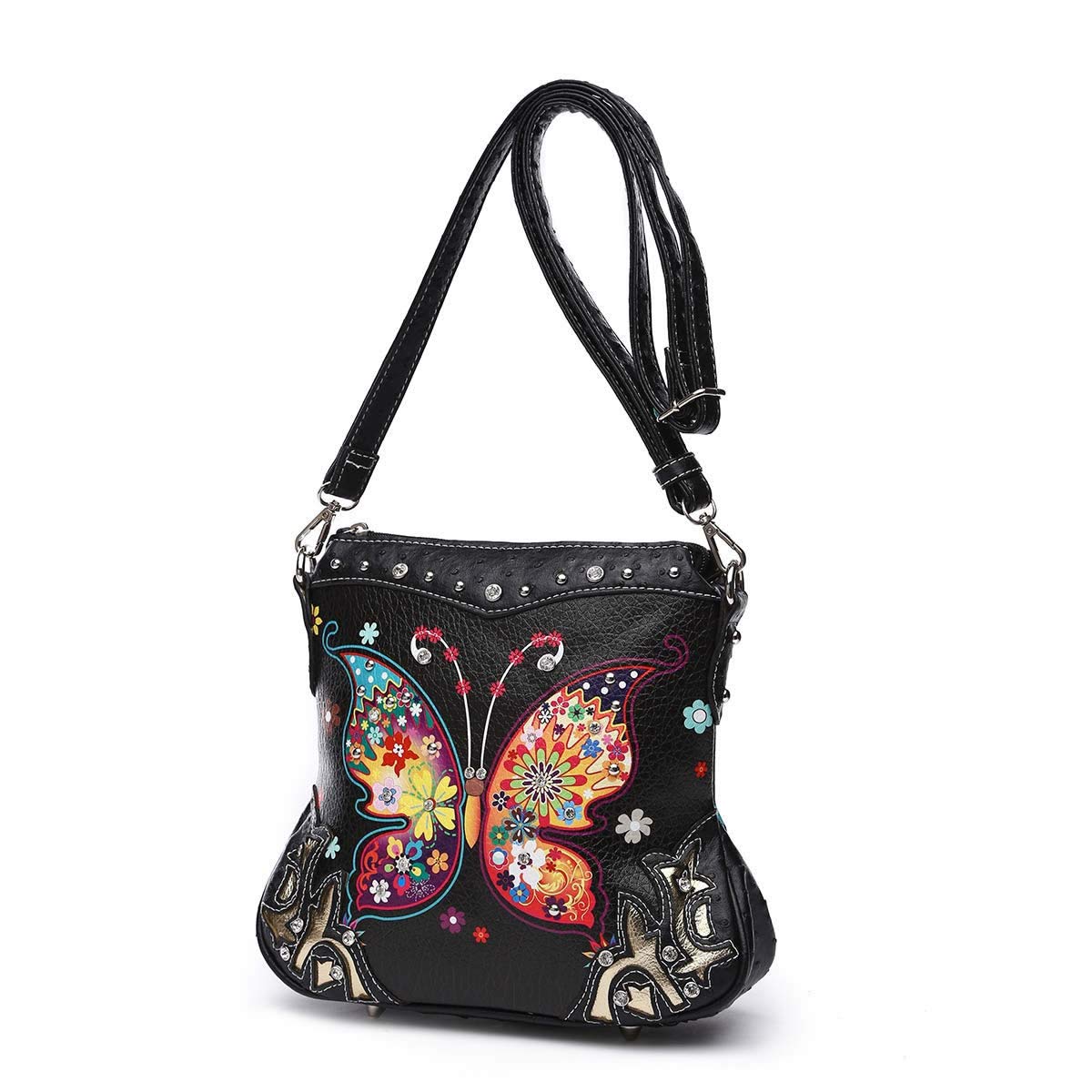 Butterfly Flower Concealed Carry Purse Women Spring Rhinestone Crossbody Handbags Single Shoulder Bag (Black)