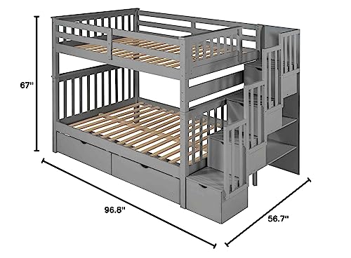 Cotoala Full Over Full Bunk Bed with Stairs and 6 Storage Drawers, Wooden Bunkbed w/ 3 Shelves, No Box Spring Needed, Perfect for Bedroom, Grey