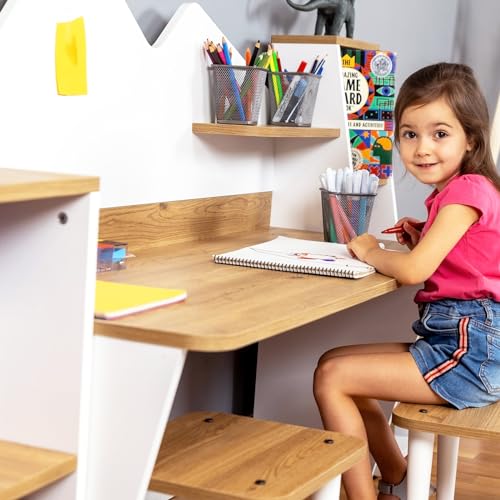 LAWA FURNITURE Kid's Study Desk with Bookshelf + 2 Stools for Ages 3-8, Wooden Children Activity Table with Hutch and Shelves, Kids Bedroom Study Desk with Storage