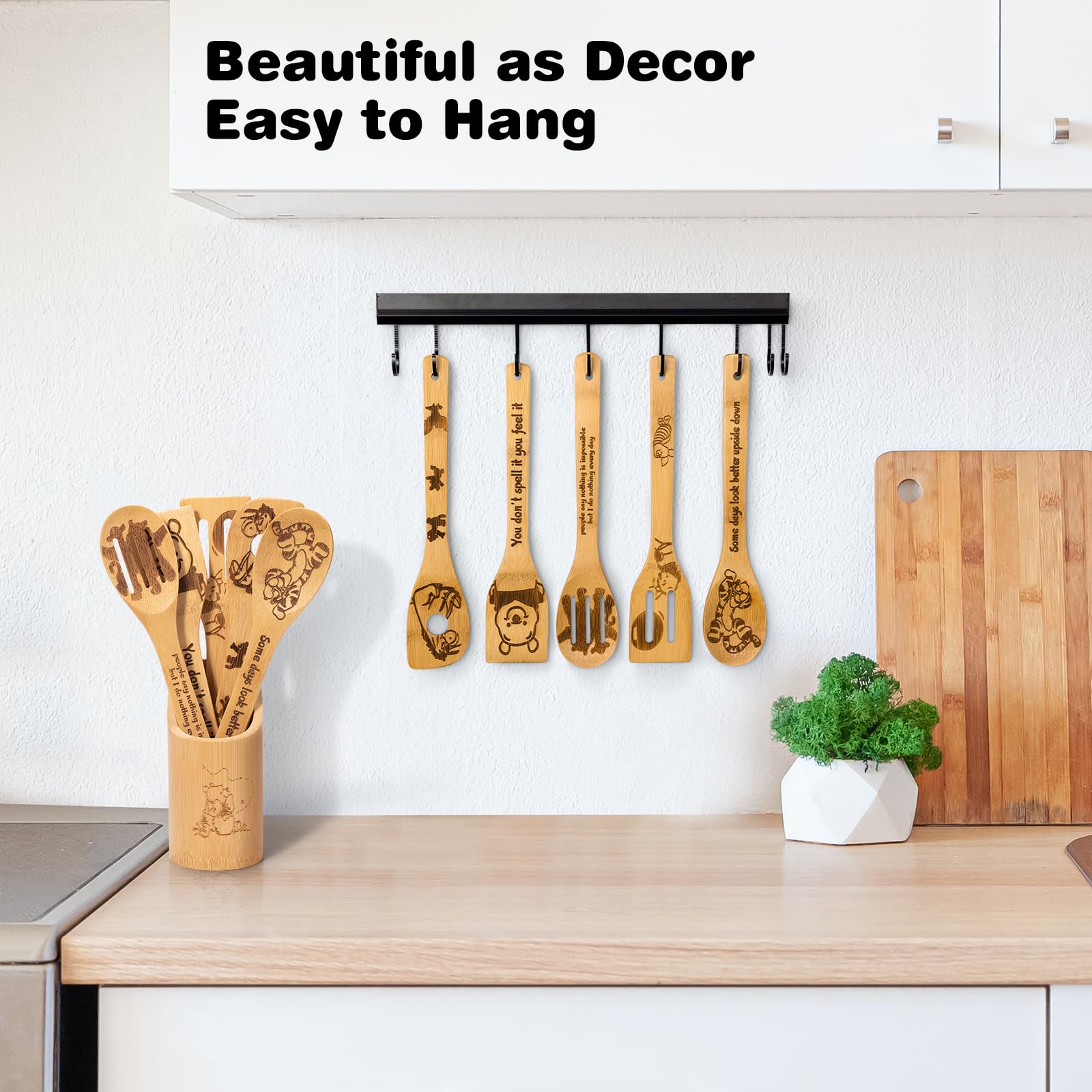 6 PCS Bamboo Cooking Kitchen Utensils Set - Cute Bear Slotted Wooden Spatula for Kitchen Decor - Cookware Gifts for Women - Wooden Spoons for Cooking - 3D Engraved Patterns