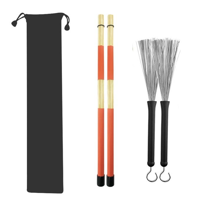 Drum Sticks Set,1 Pair Retractable Drum Wire Brushes and 1 Pair Rods Drum Brushes set for Adults, Rock Band, Jazz Folk Students with Portable Storage Bag
