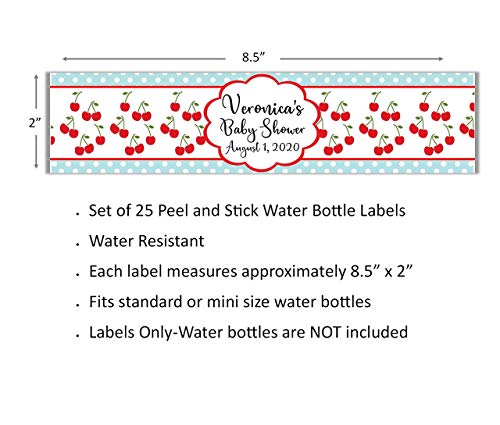 Cherry Pattern Water Bottle Labels, Pack of 25 Personalized Peel and Stick Waterproof Wrappers for Birthday Party Favors