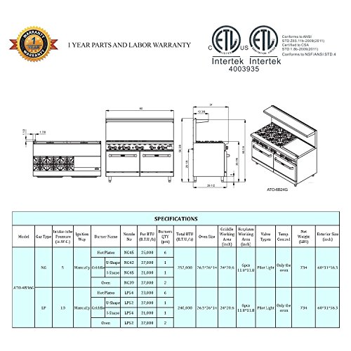 CookRite ATO-6B24G Commercial Liquid Propane Range 6 Burner Hotplates with 24" Manual Griddle 2 Standard Ovens 60'' Restaurant Range- 240000 BTU