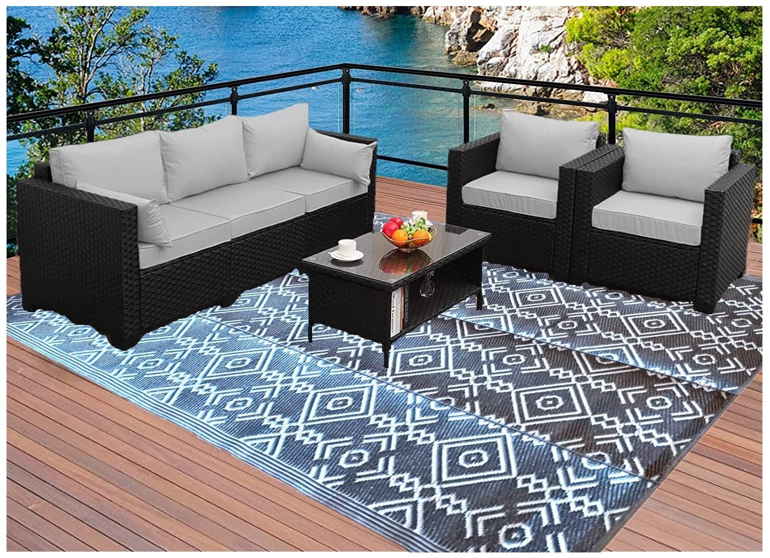 BalajeesUSA Outdoor Rug - 5x7 Grey Reversible Recycled Plastic Straw Patio Decor Waterproof Large RV Camper mat Camping 7032