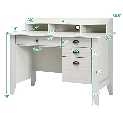 GLOBALWAY 2 Tier Shelves, Study and Writing Three Side, Laptop Table with a Smooth Slide-Out Long Drawer, for Home &Office Computer Desk, White
