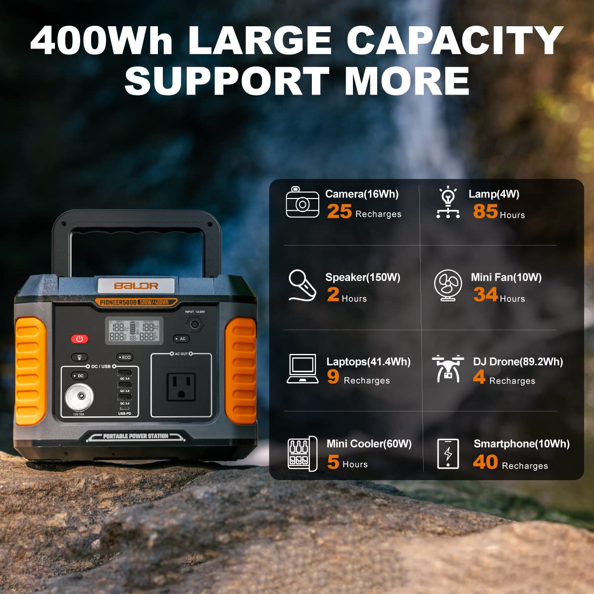 BALDR Portable Power Station 500W, 400Wh Outdoor Solar Generator Mobile Lithium Battery Pack with 120V AC Outlet (Solar Panel Optional) for Road Trip Camping, Outdoor Adventure