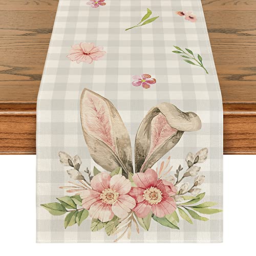 Artoid Mode Buffalo Plaid Bunny Rabbit Ears Flower Easter Table Runner, Spring Summer Seasonal Holiday Kitchen Dining Table Decoration for Indoor Outdoor Home Party Decor 13 x 72 Inch