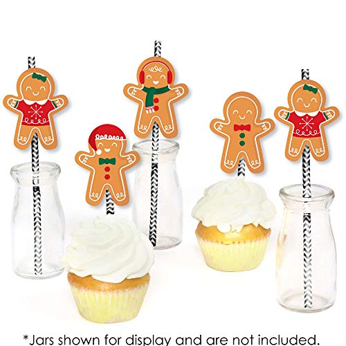 Big Dot of Happiness Gingerbread Christmas - Paper Straw Decor - Gingerbread Man Holiday Party Striped Decorative Straws - Set of 24
