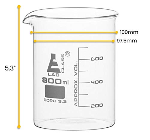 EISCO 6PK Beakers, 800ml - Griffin Style, Low Form with Spout - White, 100ml Graduations - Borosilicate 3.3 Glass